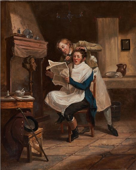 Edward Bird | A Man at a Barber's Shop Reading a Paper | MutualArt