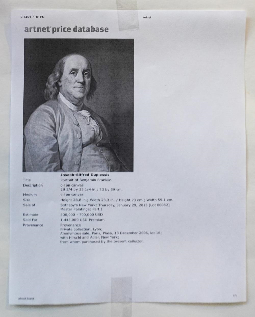 Joseph-Siffred Duplessis | Portrait of Benjamin Franklin | MutualArt