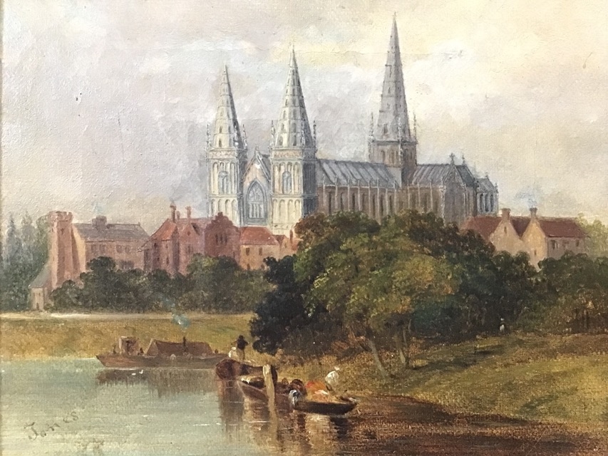 Jones | river landscape with figures and boats by riverside and ...