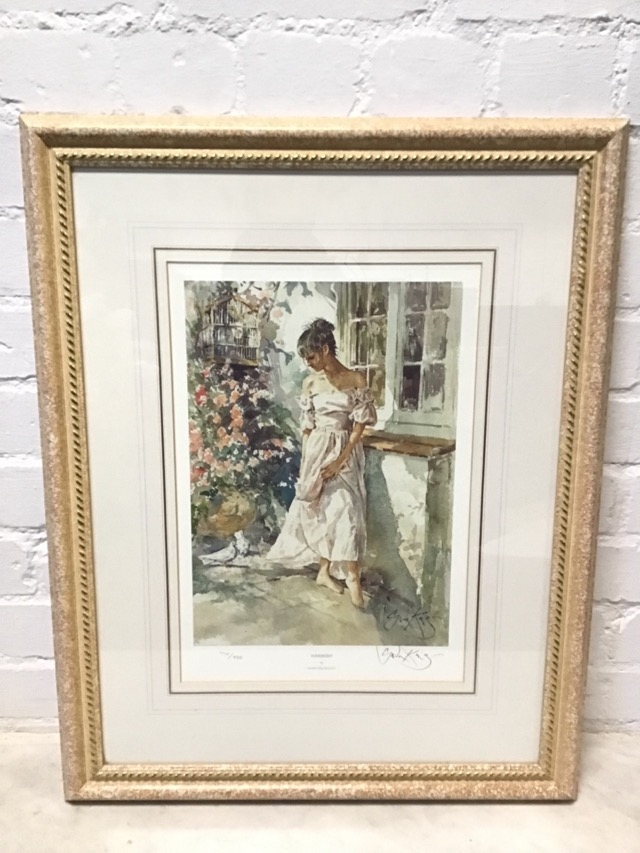 Gordon King | lady outside house with doves | MutualArt