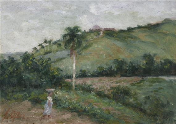 Francisco Oller y Cestero | Paisaje con una lavandera hacia el río ...