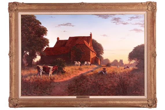 Edward Hersey | Dusk landscape with farmhouse and cattle | MutualArt
