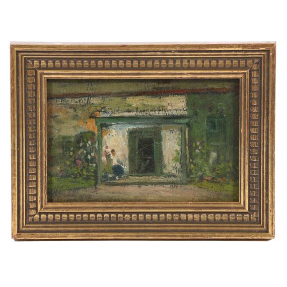 Eugene Higgins | figure on a porch in lush landscape | MutualArt