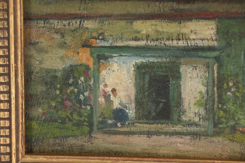 Eugene Higgins | figure on a porch in lush landscape | MutualArt