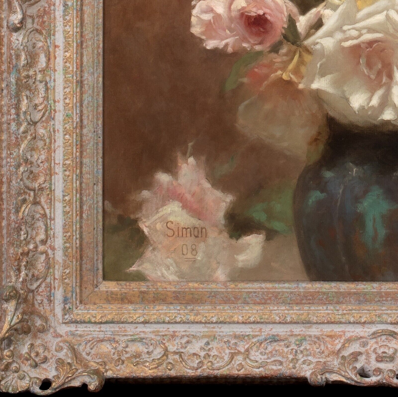 Lucien Joseph Simon | STILL LIFE OF PINK WHITE & YELLOW ROSES OIL ...