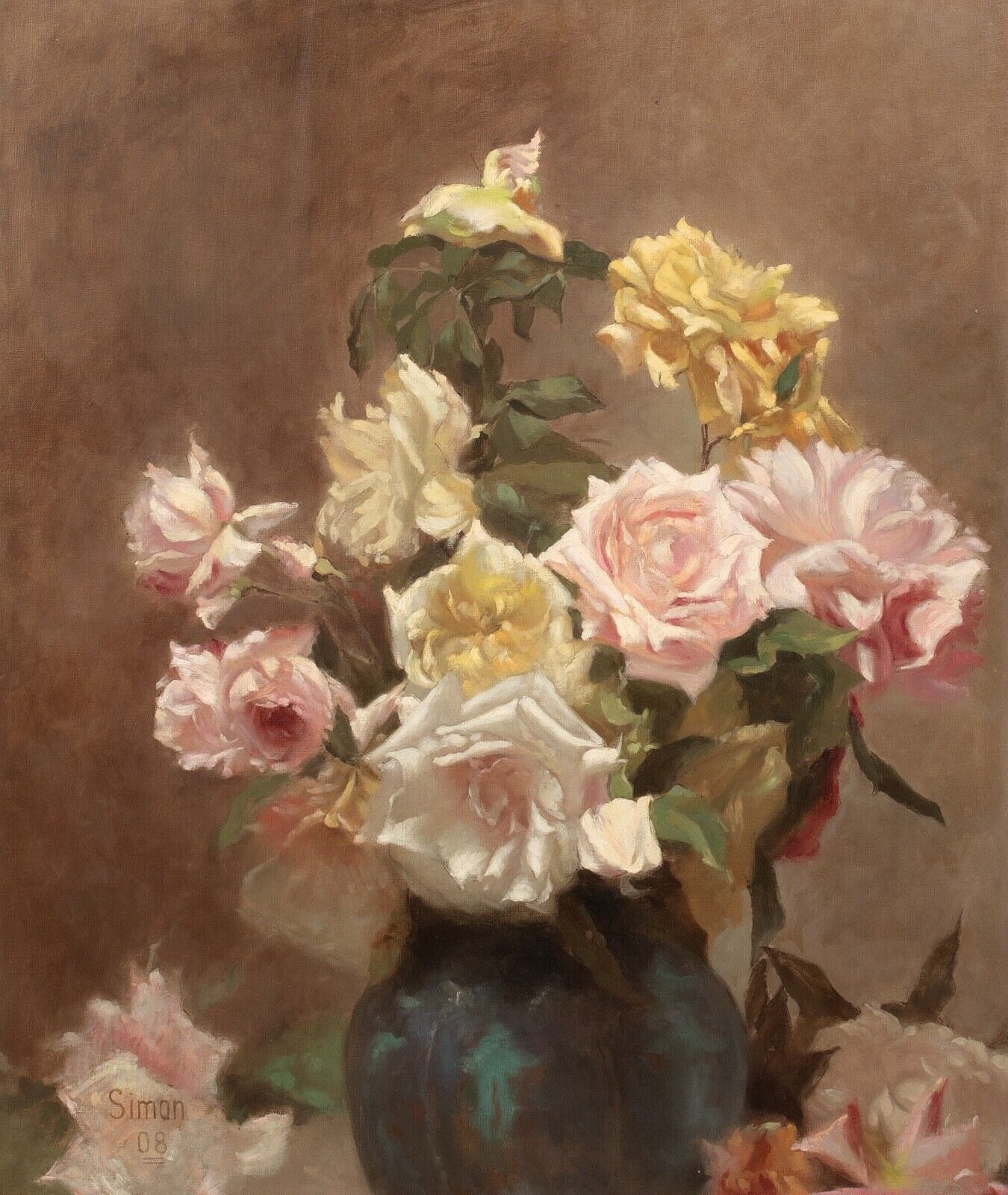 Lucien Joseph Simon | STILL LIFE OF PINK WHITE & YELLOW ROSES OIL ...