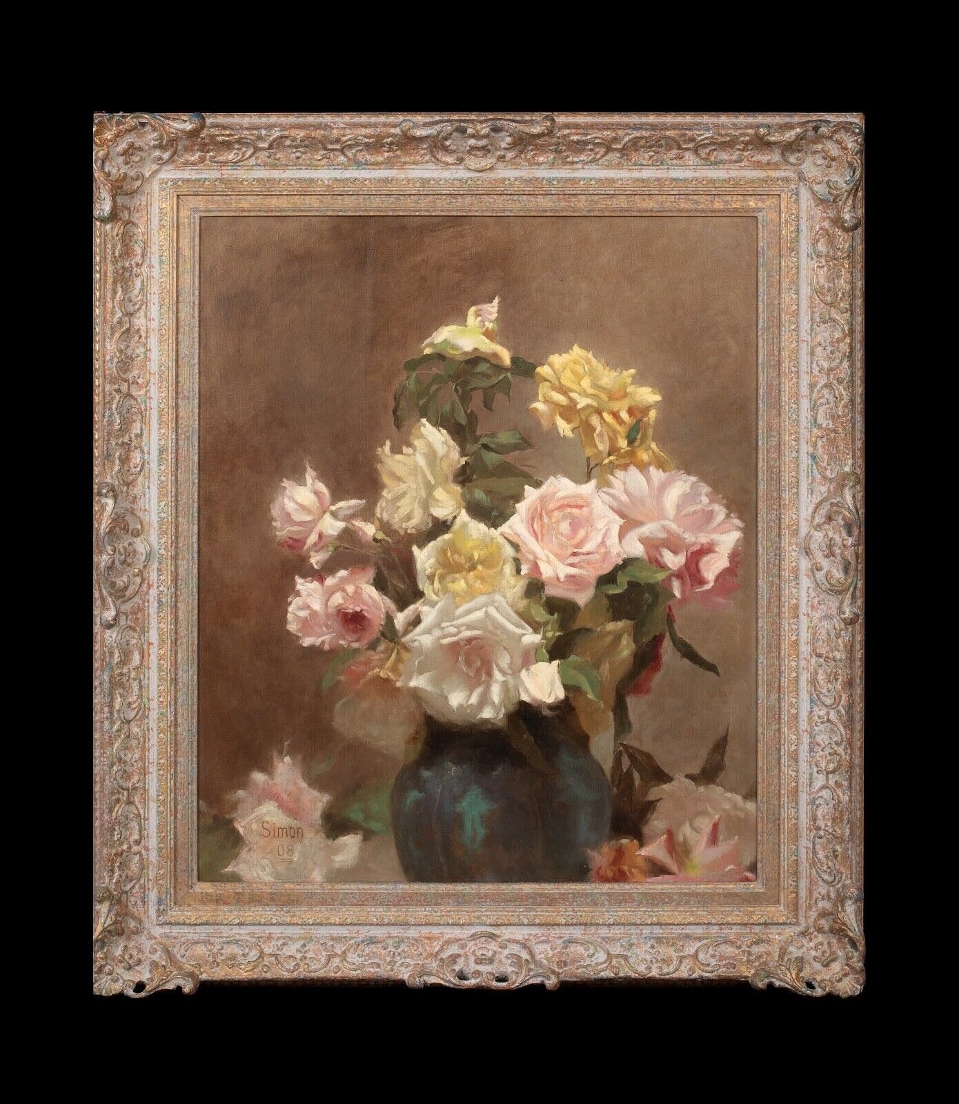 Lucien Joseph Simon | STILL LIFE OF PINK WHITE & YELLOW ROSES OIL ...