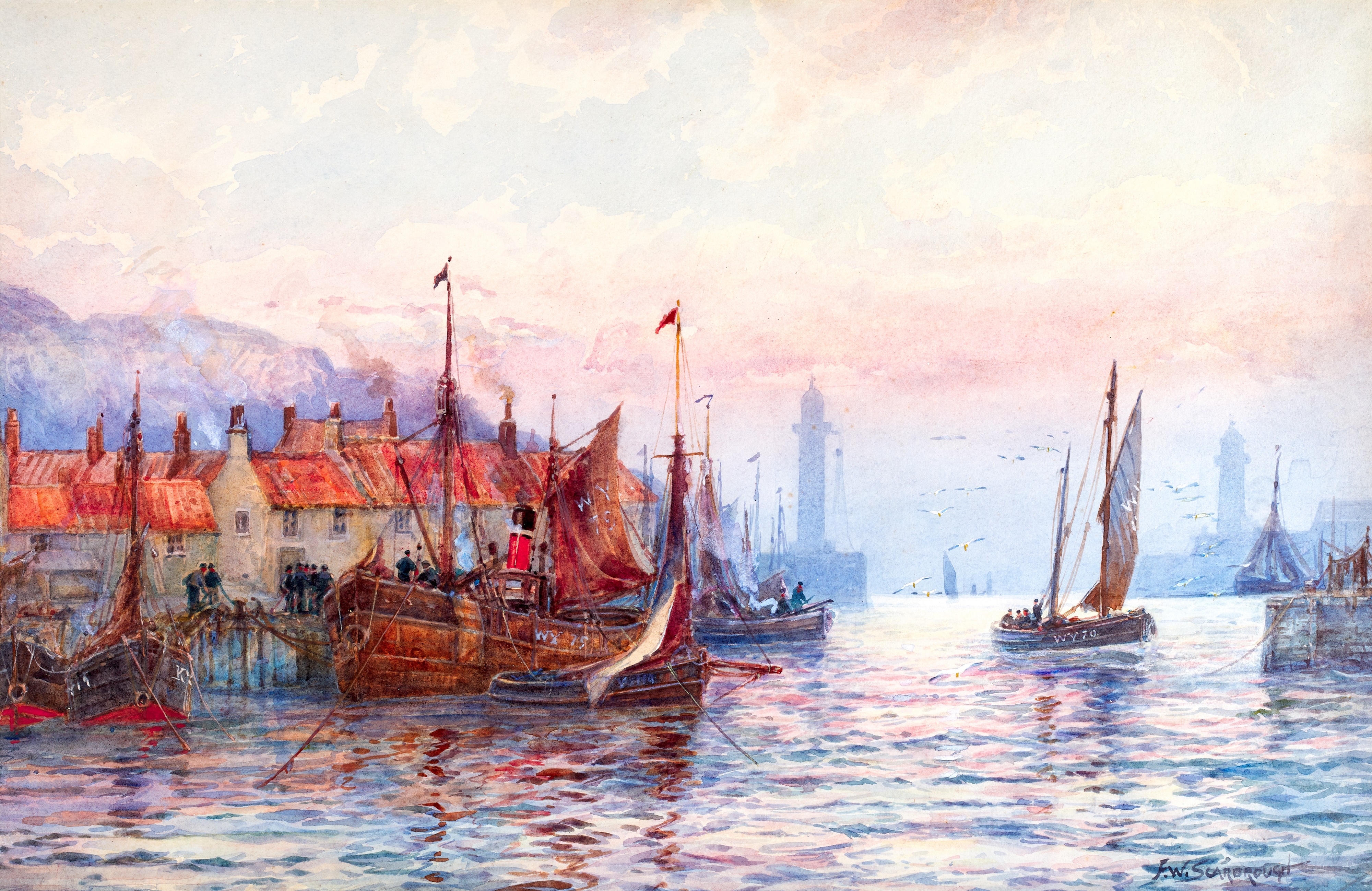 Frederick William Scarborough | Shipping scene with masted ships ...