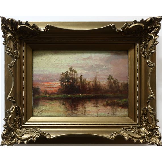 T. Wood | LANDSCAPE AT DUSK WITH GRAZING SHEEP ACROSS THE POND | MutualArt