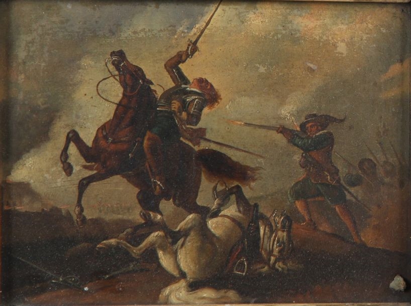 Flemish School 17th Century | Cavalry combat and musketeer (17th Century) | MutualArt