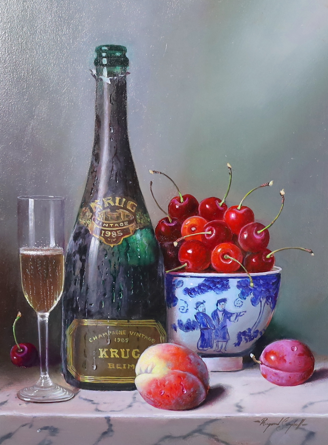 Raymond Campbell | still-life of champagne bottle and cheese | MutualArt
