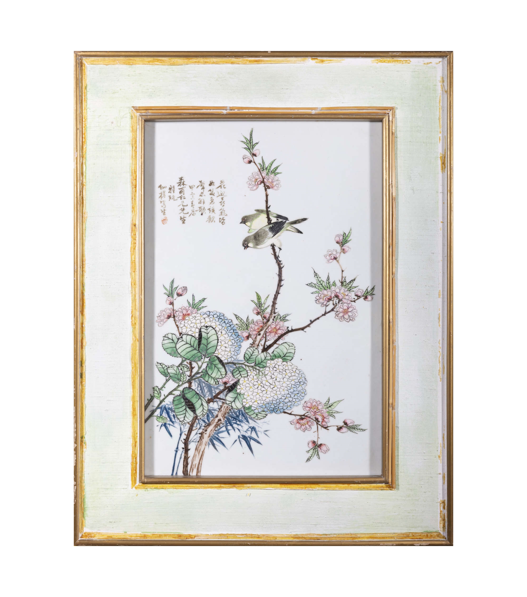 Xian Cha | A FRAMED FAMILLE ROSE ‘HYDRANGEA AND BIRDS’ PANEL, SIGNED ...