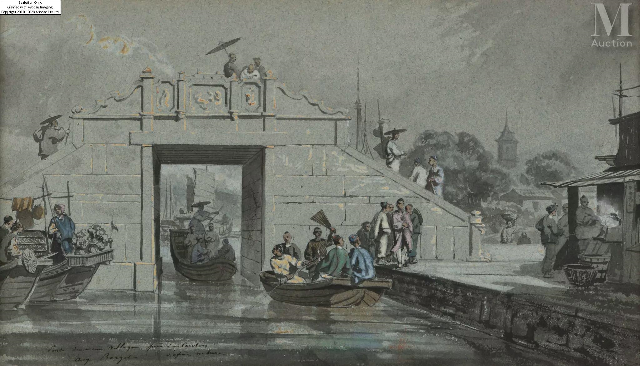 Auguste Borget | Vue animée d’un pont dans un village près de Canton ...