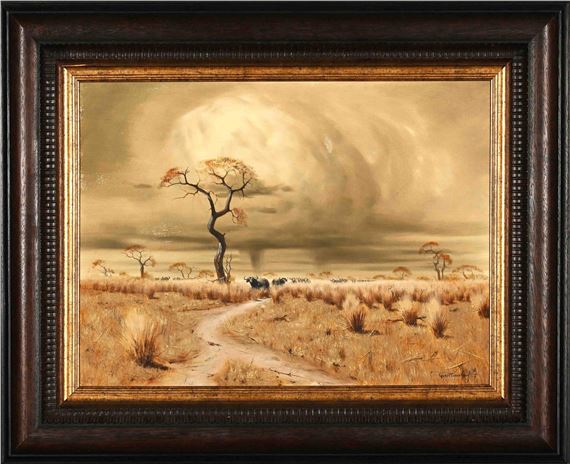 Gert Pietersen | Bushveld Road with Buffaloes and Storm Clouds | MutualArt