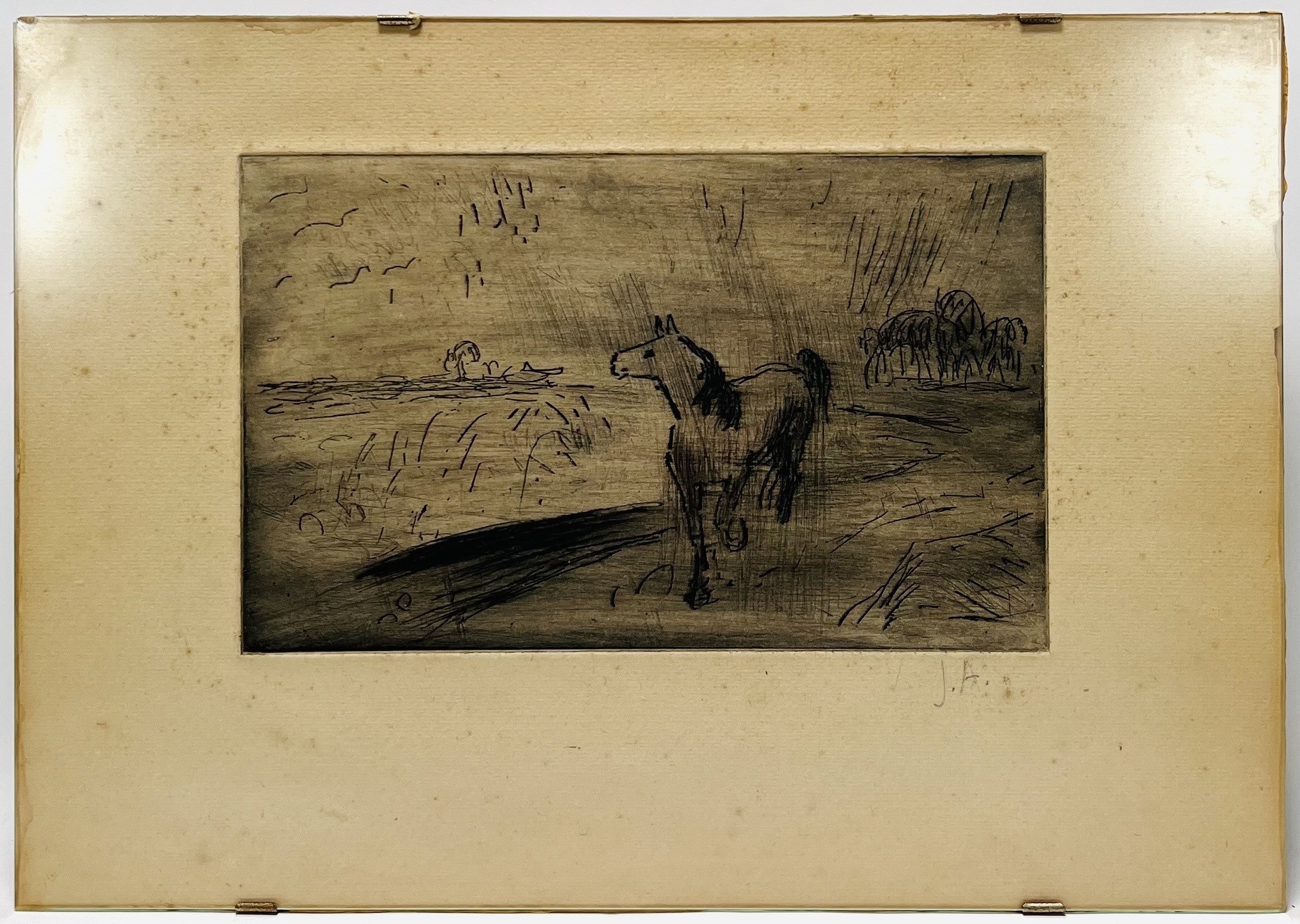 Jan Altink | Ets van landschap met paard door Jan Altink (1885-1971). Rechtsonder ...