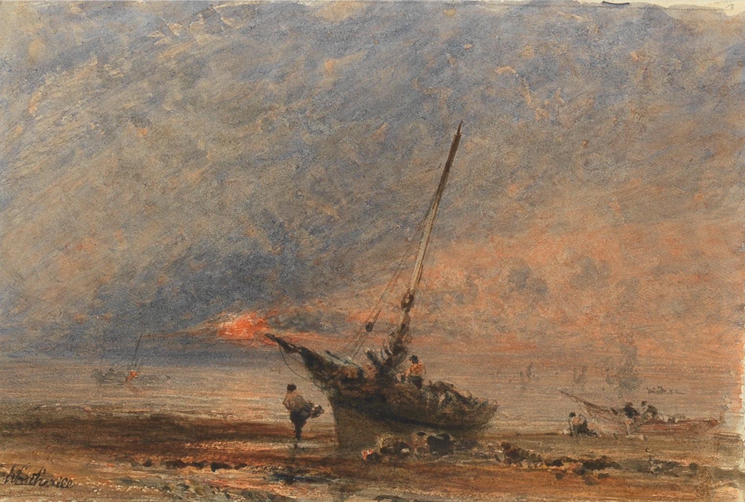 George Weatherill | A beached fishing boat at sunset | MutualArt