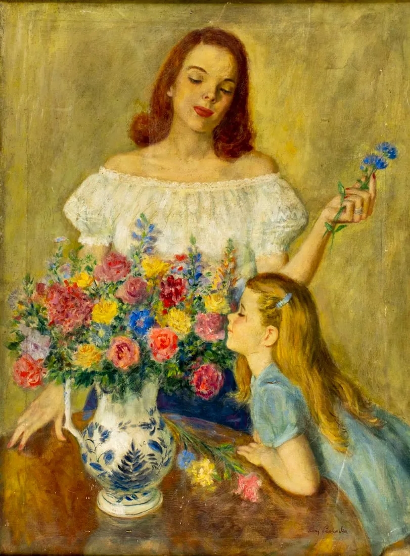 Ray Prohaska | Mother and Daughter with Vase of Flowers | MutualArt