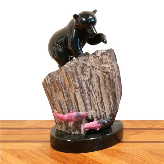 Lyle Sopel | Bear on a rock above salmon, serpentine and stone, signed ...