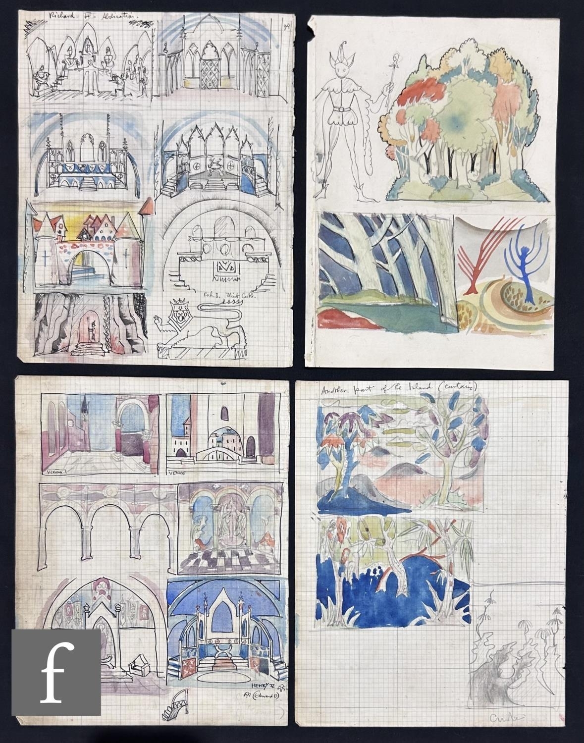 Albert Wainwright | Five sketchbook pages depicting set designs for ...