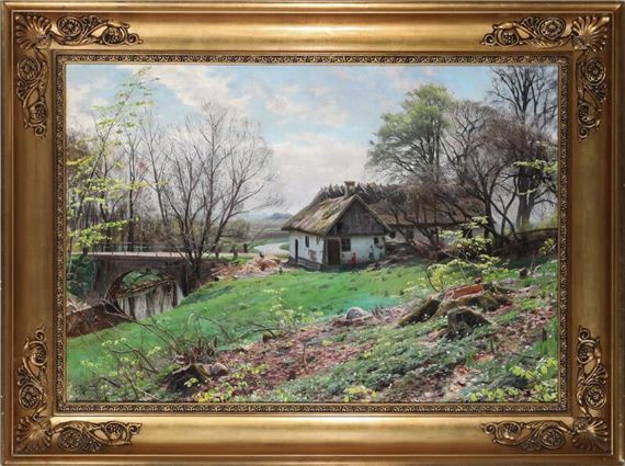 Peder Mork Monsted | Summer day with children playing behind a thatched farm (1924) | MutualArt