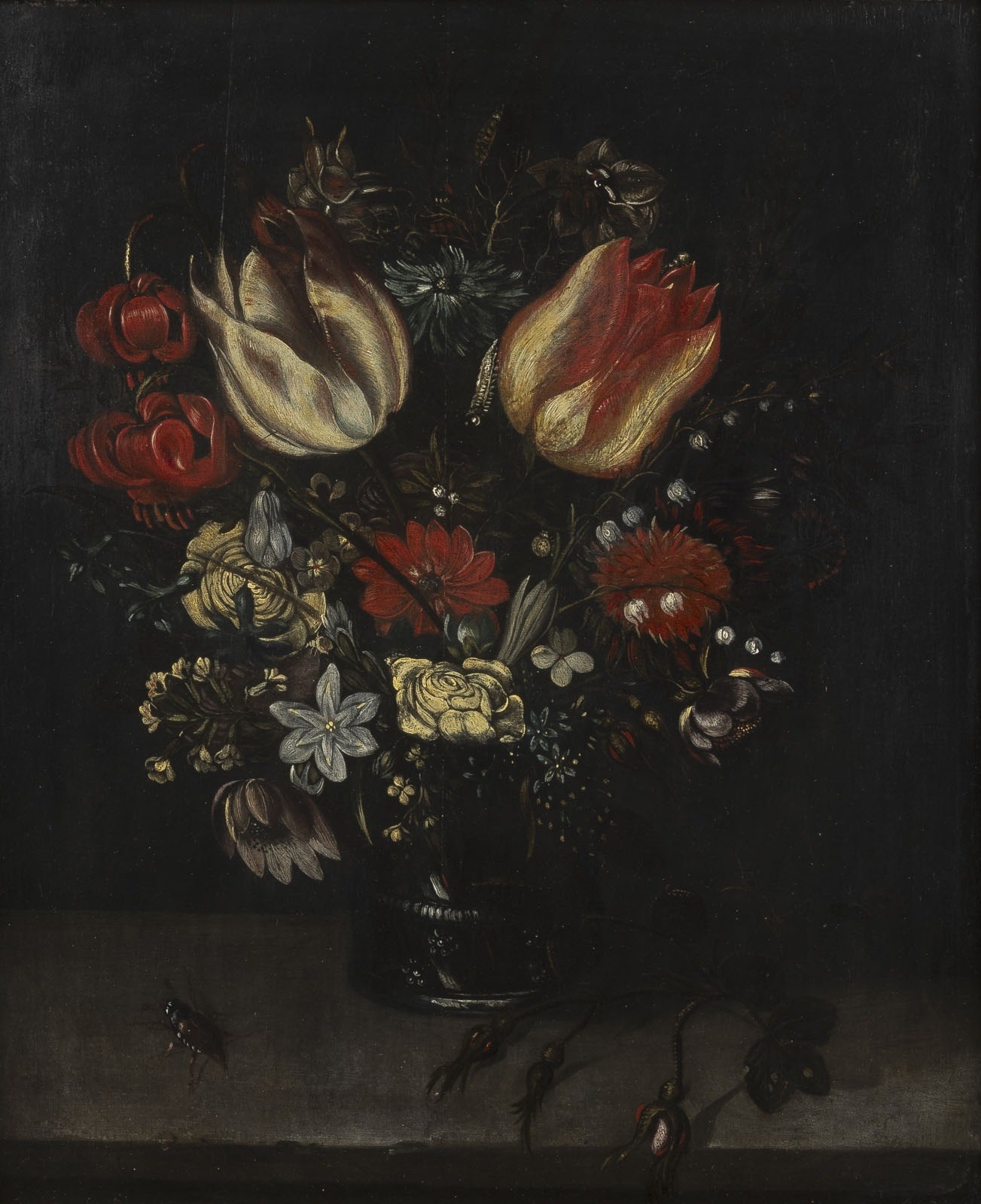 Balthasar van der Ast | Tulips, a rose, a carnation, cyclamen, snake's ...