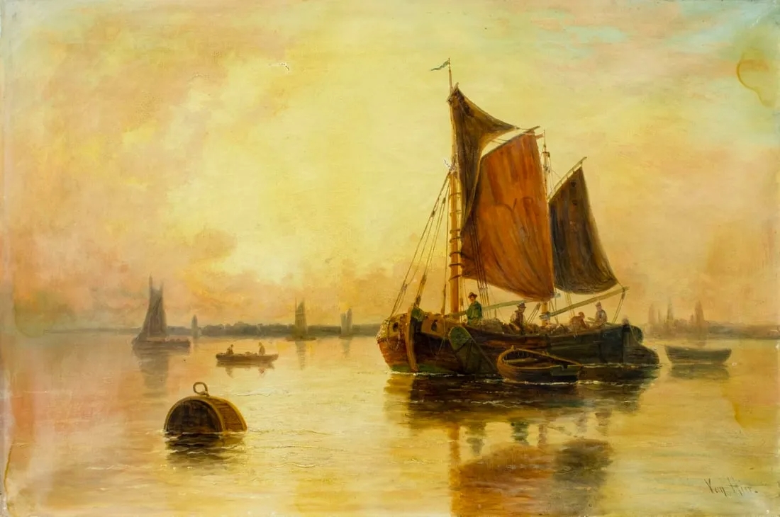 Joachim van Hier | Sunset Seascape with Sailboats | MutualArt
