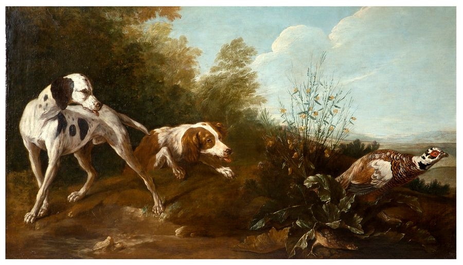French School, 18th Century | Dogs pointing at a Pheasant; Two Dogs ...