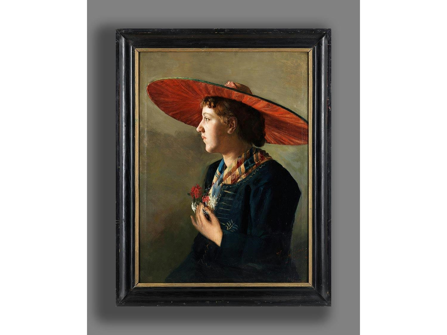 Hans Gotzinger | PORTRAIT EINER DAME MIT BREITEM ROTEN HUT | MutualArt