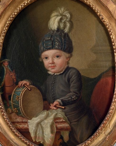 Hubert Drouais | Portrait of a young boy with a drum Oval canvas. 40 x ...