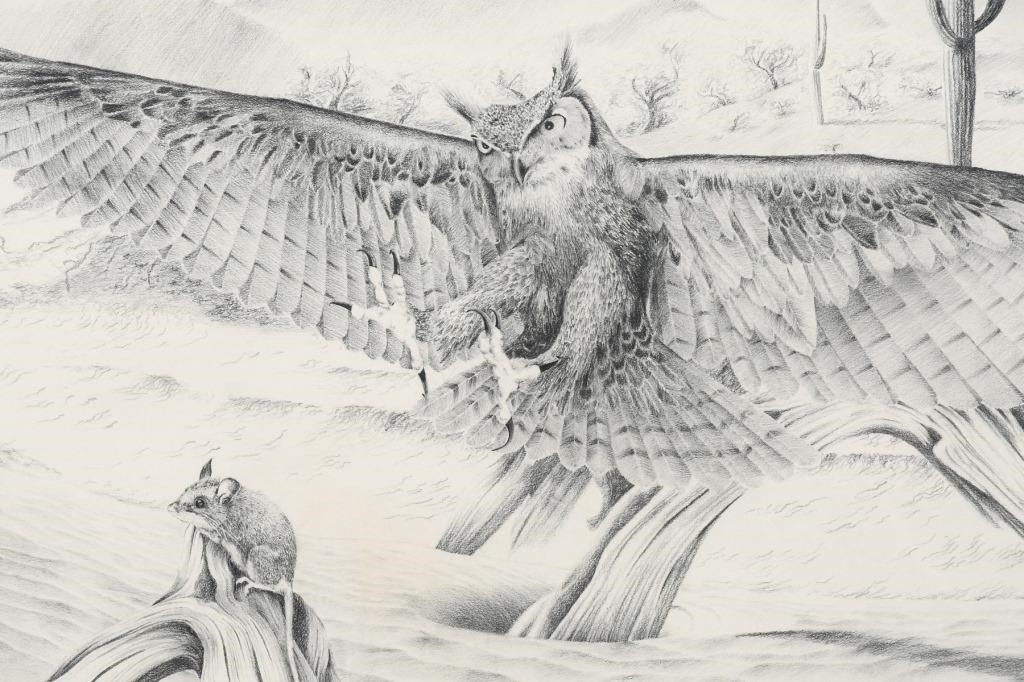 Mark Tate | LARGE EARLY MARK TATE OWL HUNTING ORIGINAL DRAWING (1979 ...
