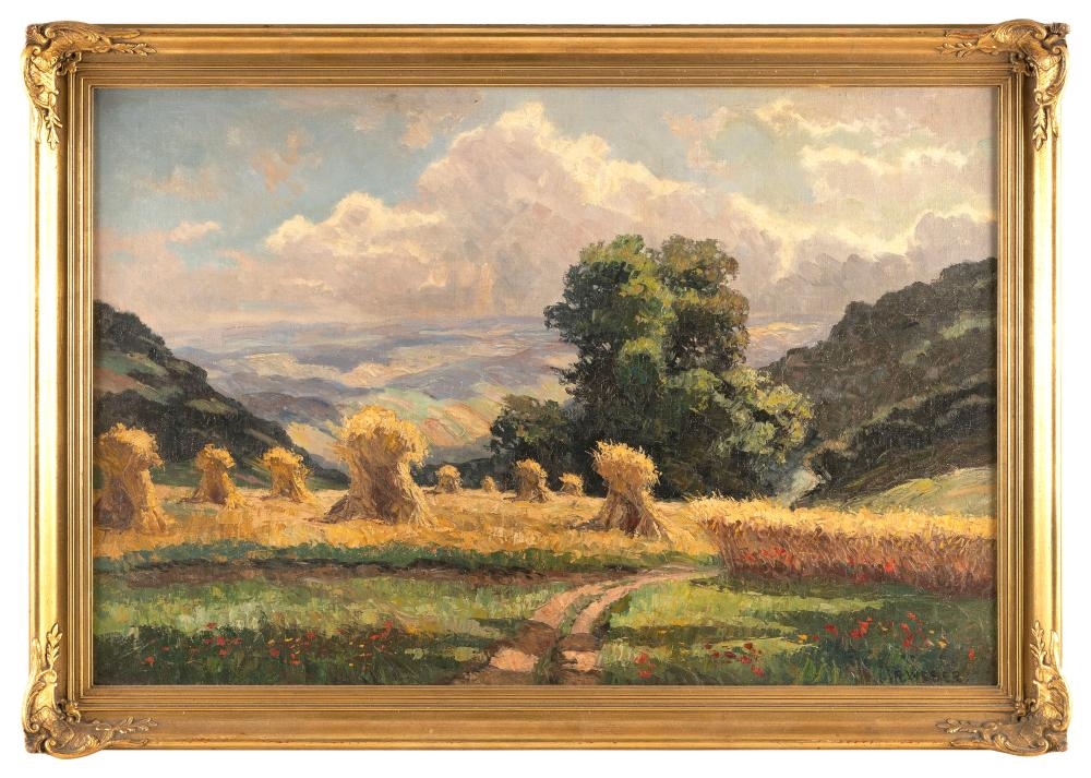 Rudolf Weber | Rolling farmland with haystacks | MutualArt