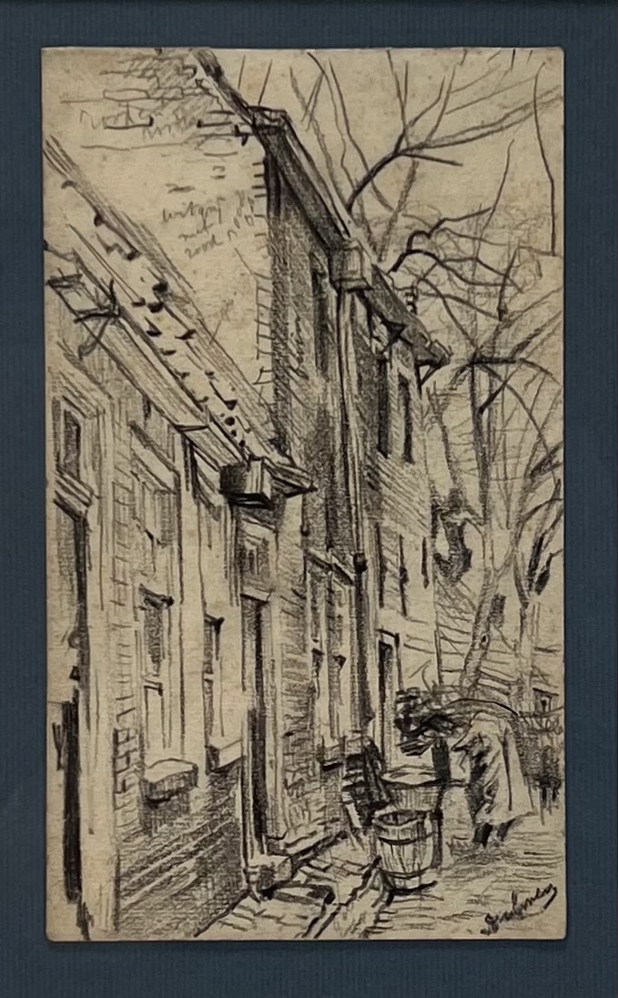 Erasmus Krumpelman | Potloodtekening van een straatscène met vrouw door ...