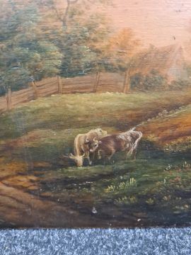 John Rathbone | A rustic landscape with cattle by a track, a church ...