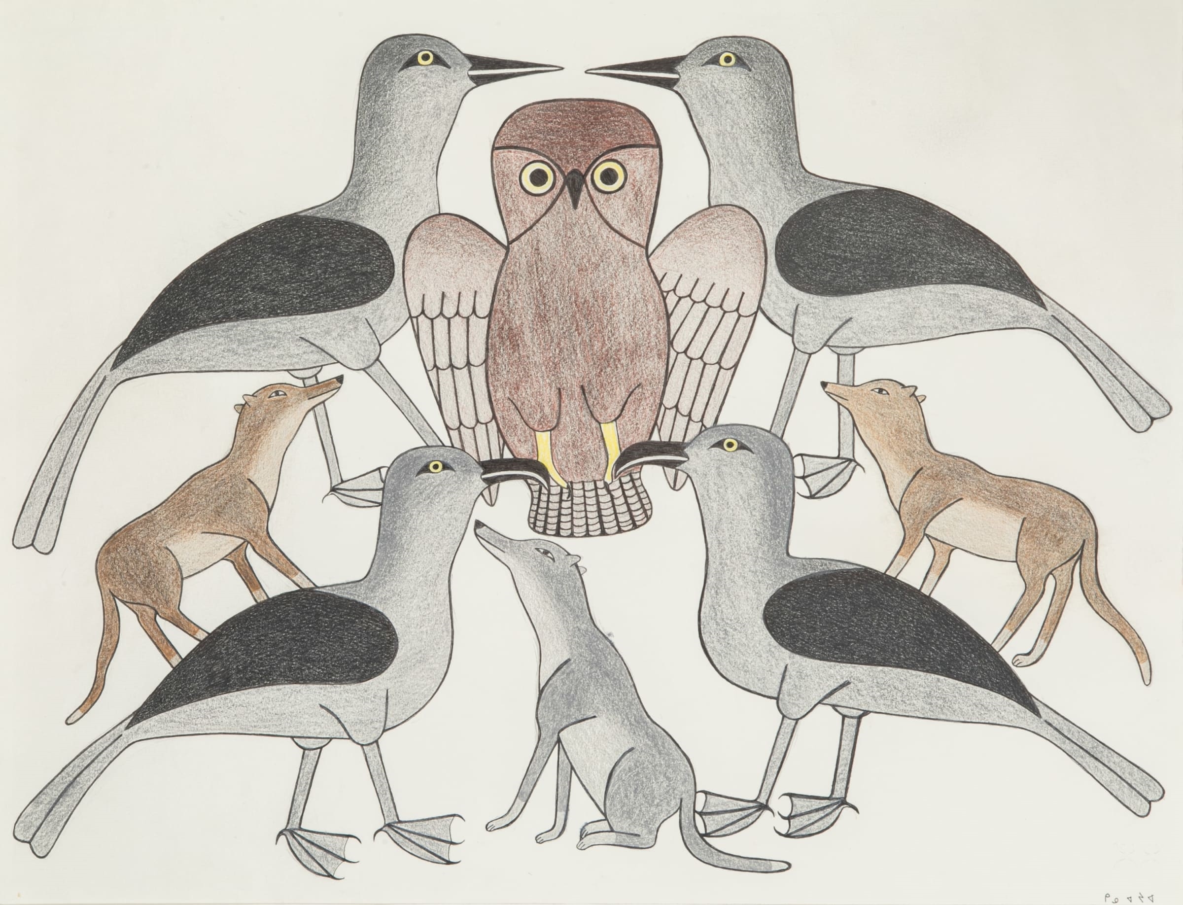 Kenojuak Ashevak | Owl Surrounded by Birds and Wolves (1990 - 1991 ...