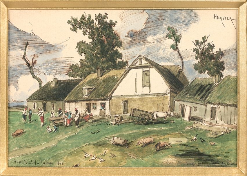 Louis Adolphe Hervier | Farmyard with figures and animals, 1868 | MutualArt