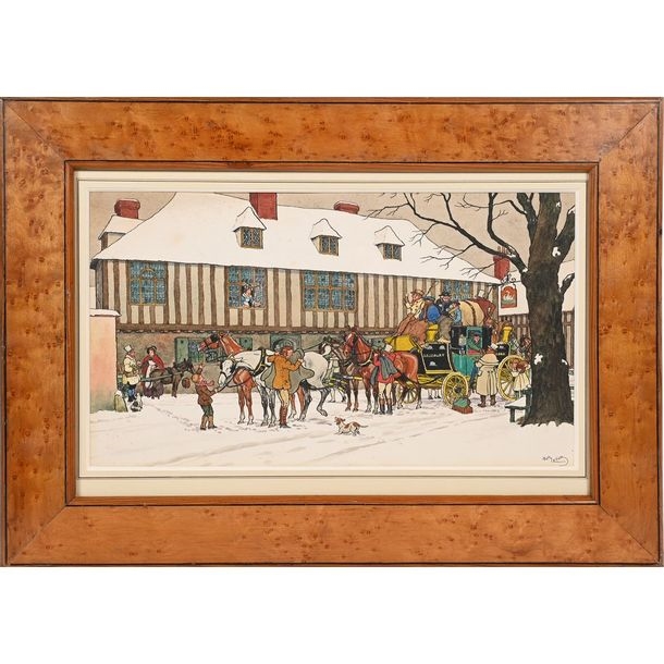 Harry Eliott | Stagecoach Departure on a Snowy Evening | MutualArt