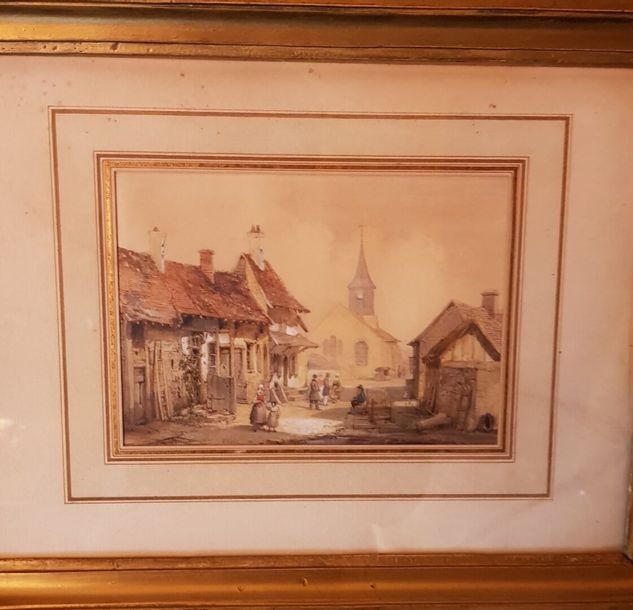 François-Etienne Villeret | Village street with church and figures ...