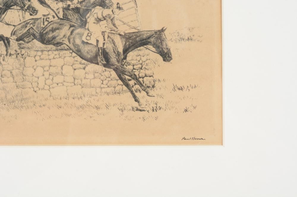 Paul Brown | Etching of horses with jockeys jumping a stonewall in a ...