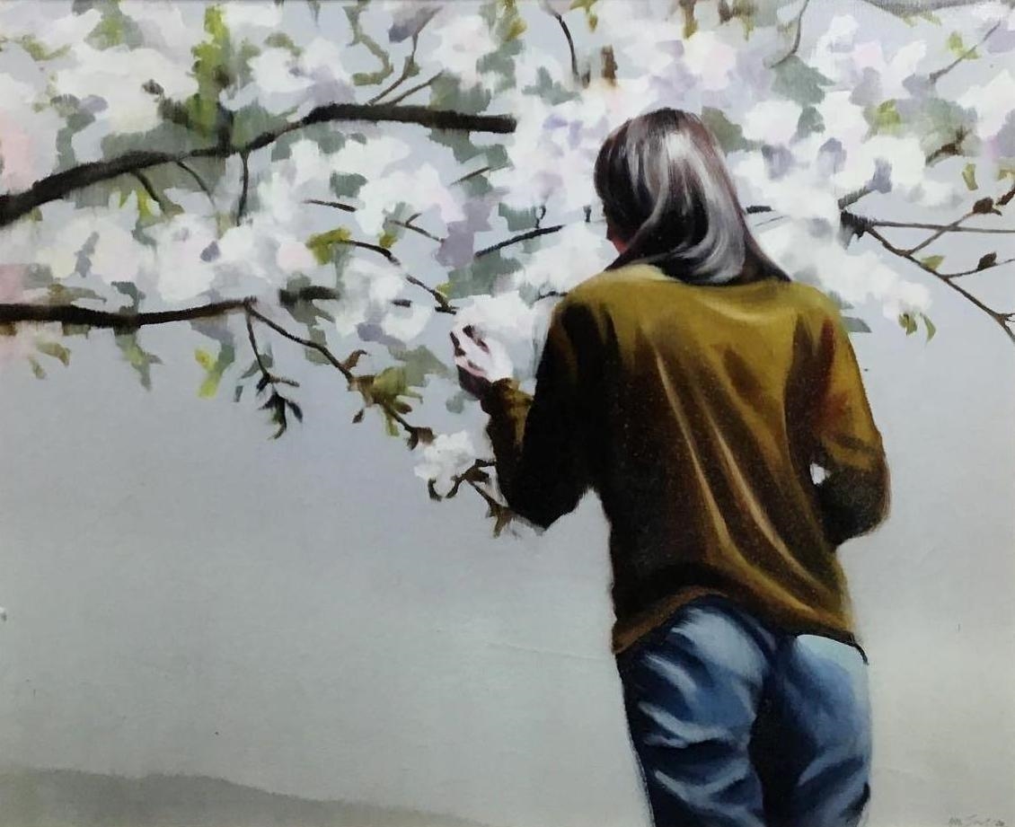 Hal Singer | Scene of a woman under a cherry tree | MutualArt