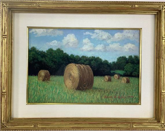 Pamela Miller | Pastural landscape with hay bales | MutualArt