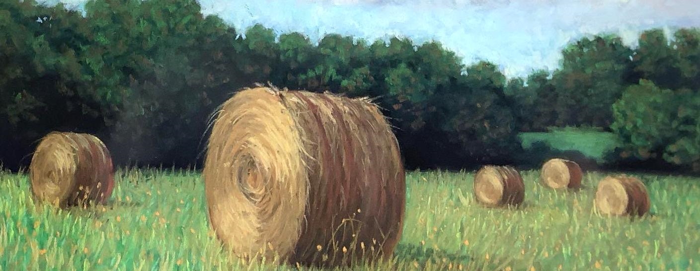 Pamela Miller | Pastural landscape with hay bales | MutualArt