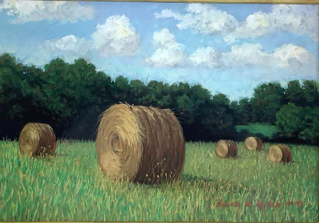Pamela Miller | Pastural landscape with hay bales | MutualArt