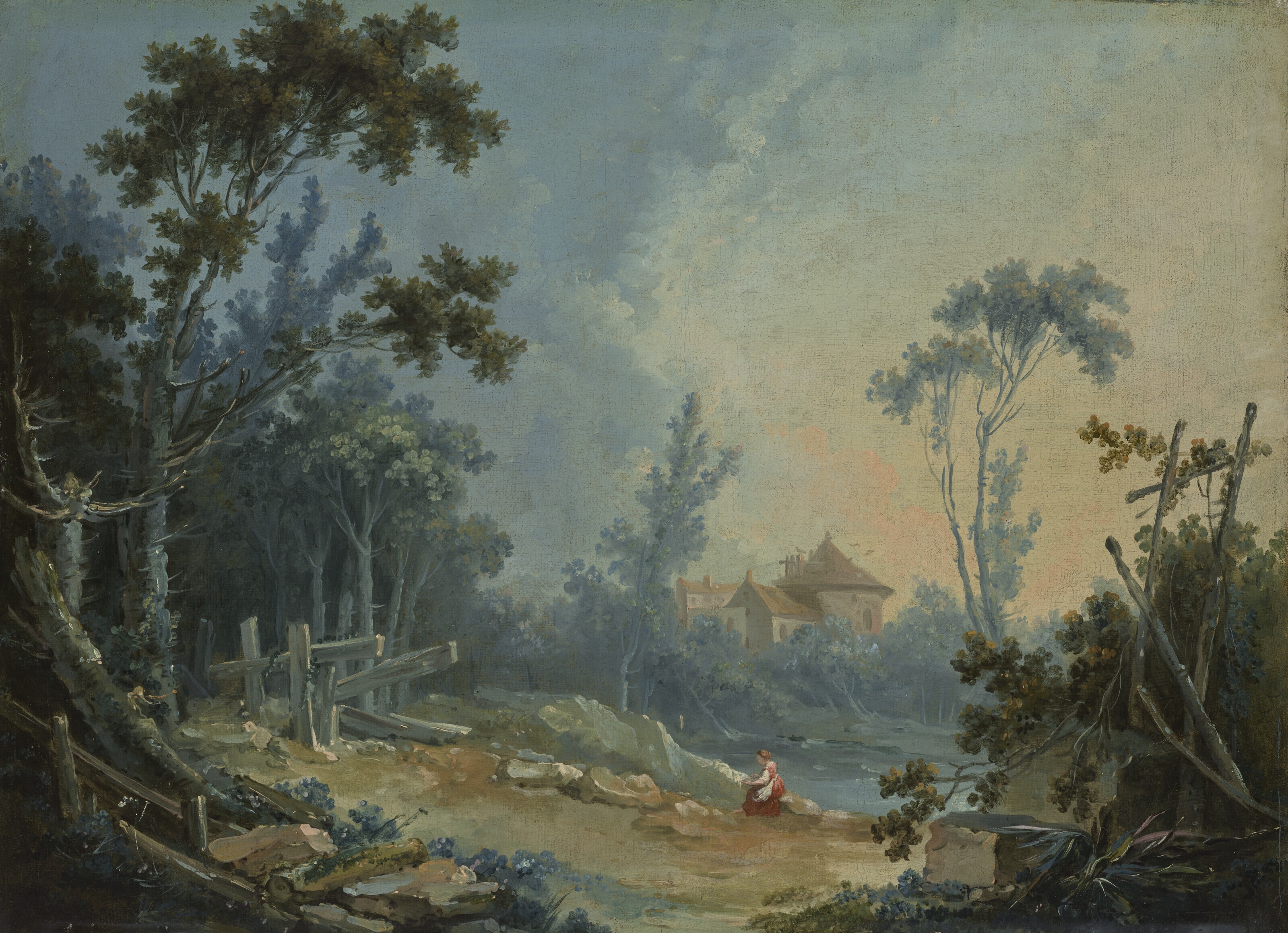 François Boucher | A wooded landscape with buildings in the distance ...