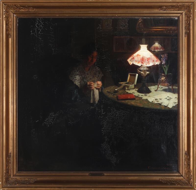 Valdemar Kornerup | Interior with a woman at her needlework (1906 ...