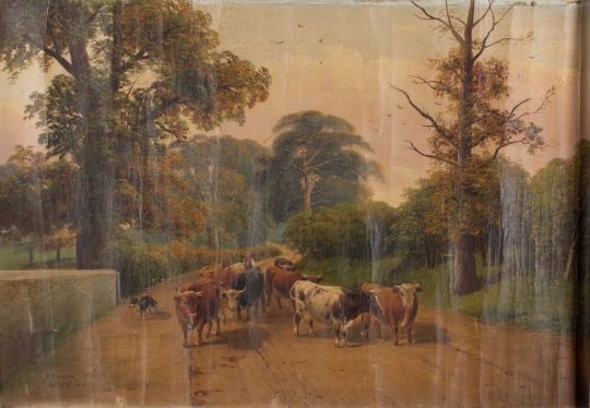 J. Morris | A village scene with herding cattle | MutualArt