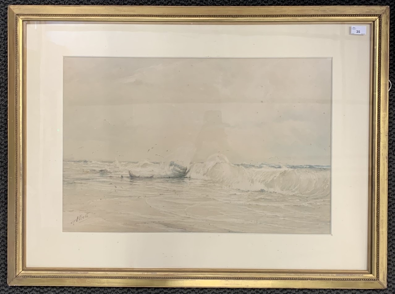 Albert Marks | Coastal waves crash the shoreline and a beached ship ...