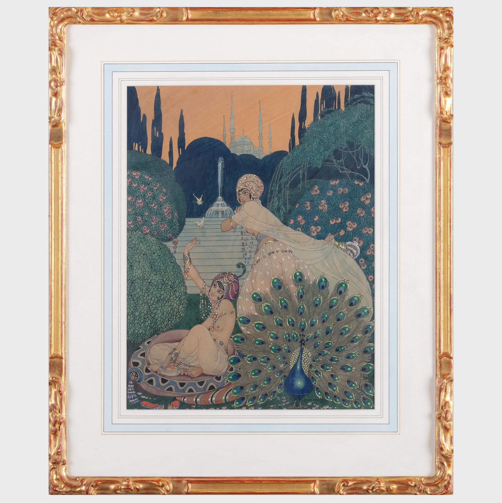Gerda Wegener | Two Figures and a Peacock (1917) | MutualArt
