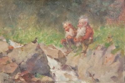 Hugo Engl | Zwei Zwerge am Bachrand mit einem Singvogel | MutualArt