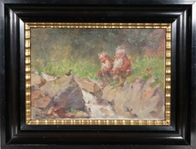 Hugo Engl | Zwei Zwerge am Bachrand mit einem Singvogel | MutualArt