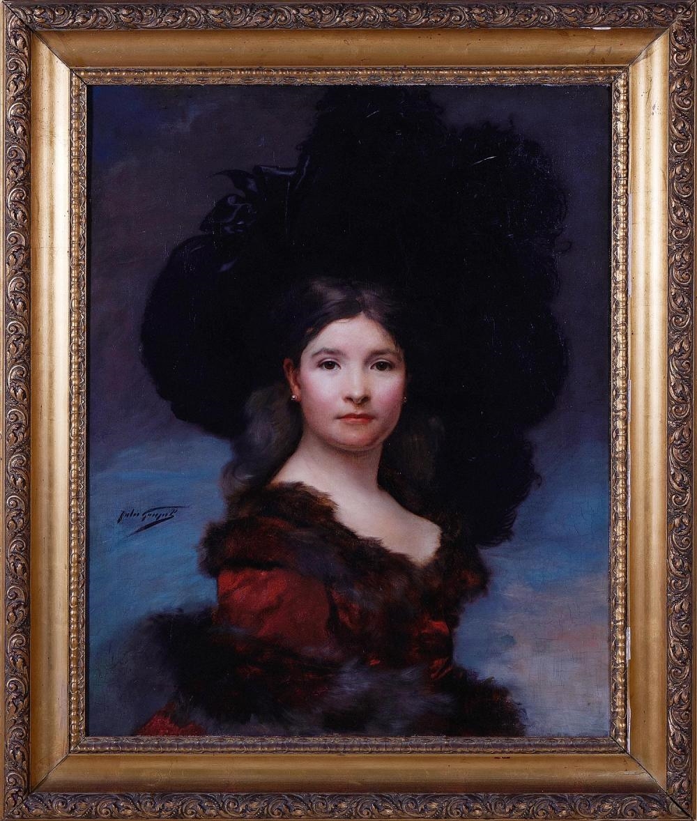 Jules-Adolphe Goupil | PORTRAIT OF A YOUNG BEAUTY IN FEATHERED HAT ...